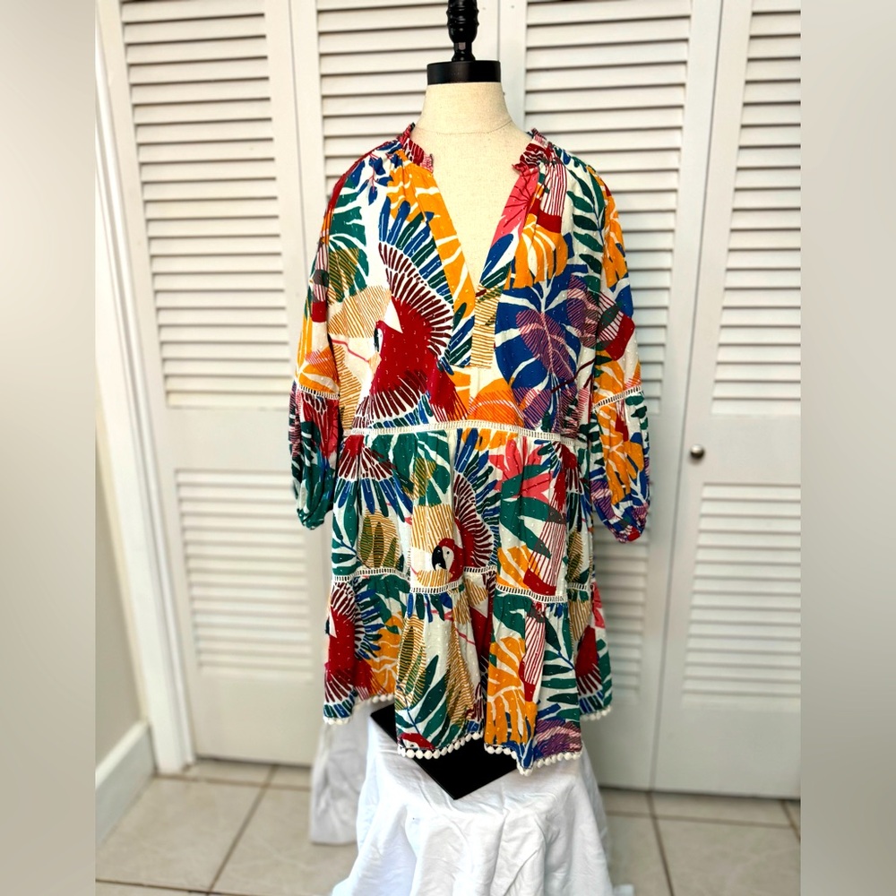 Farm Rio Off White Macaw Mini Puff Sleeve Tunic Dress… - Gem